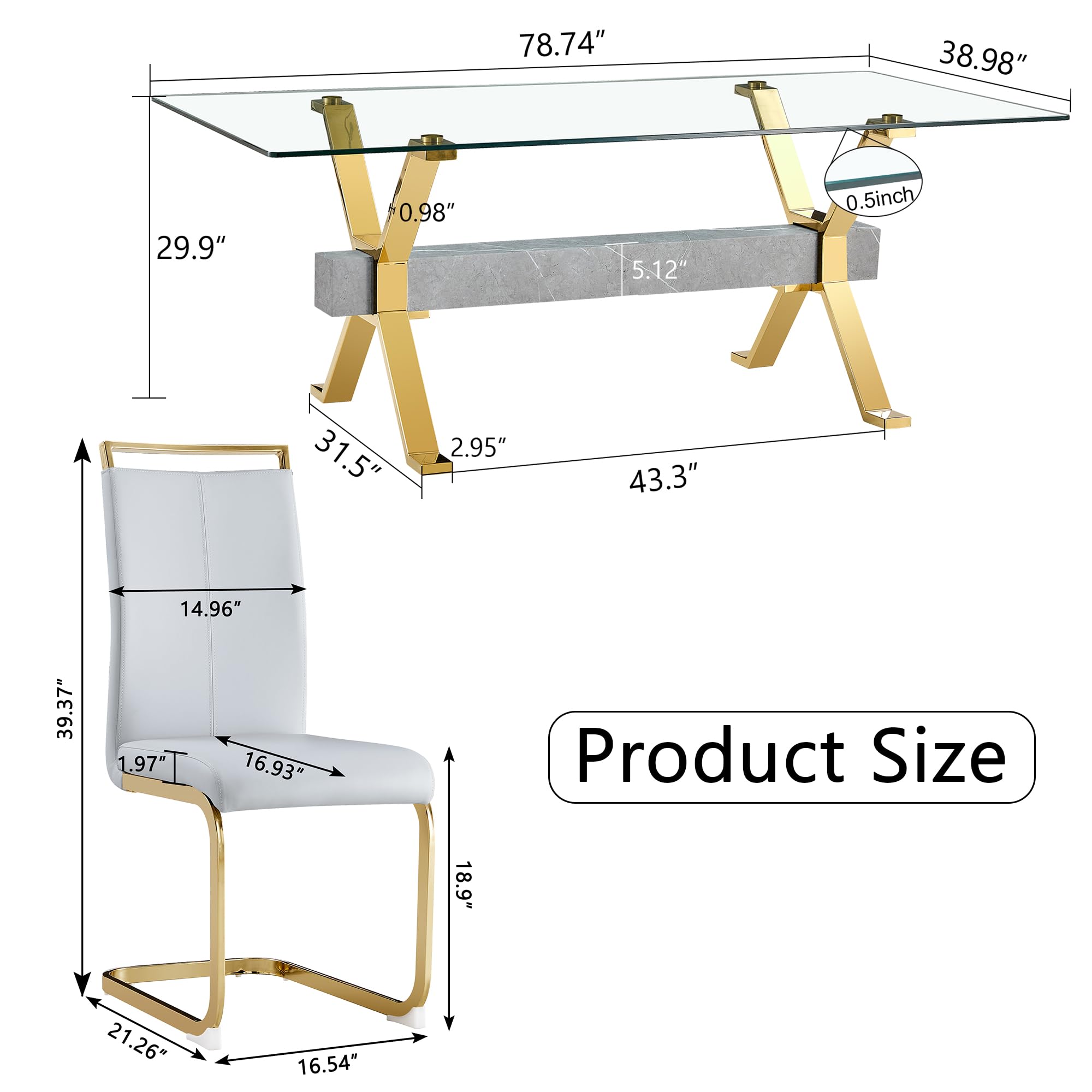 HAIZAO 79 inch Glass Dining Table Set for 8, Tempered Glass Tabletop with Golden Plated Metal Legs & Grey MDF Crossbars, PU Faux Leather Chairs with Golden Metal Legs, for Kitchen, Light Grey