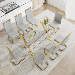 HAIZAO 79 inch Glass Dining Table Set for 8, Tempered Glass Tabletop with Golden Plated Metal Legs & Grey MDF Crossbars, PU Faux Leather Chairs with Golden Metal Legs, for Kitchen, Light Grey