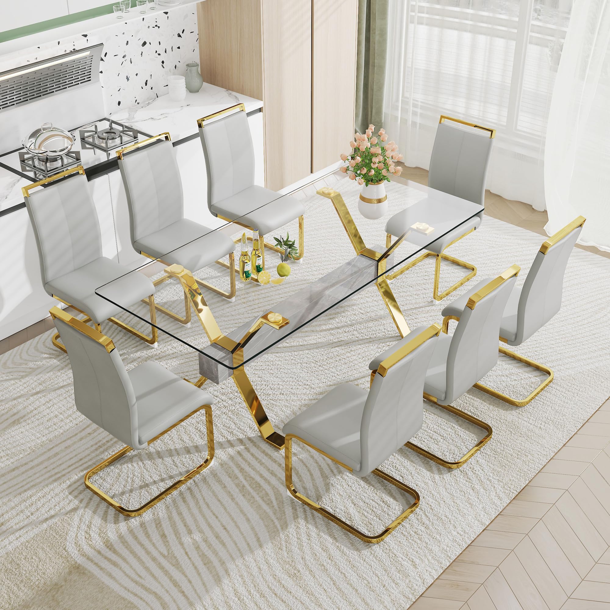 HAIZAO 79 inch Glass Dining Table Set for 8, Tempered Glass Tabletop with Golden Plated Metal Legs & Grey MDF Crossbars, PU Faux Leather Chairs with Golden Metal Legs, for Kitchen, Light Grey