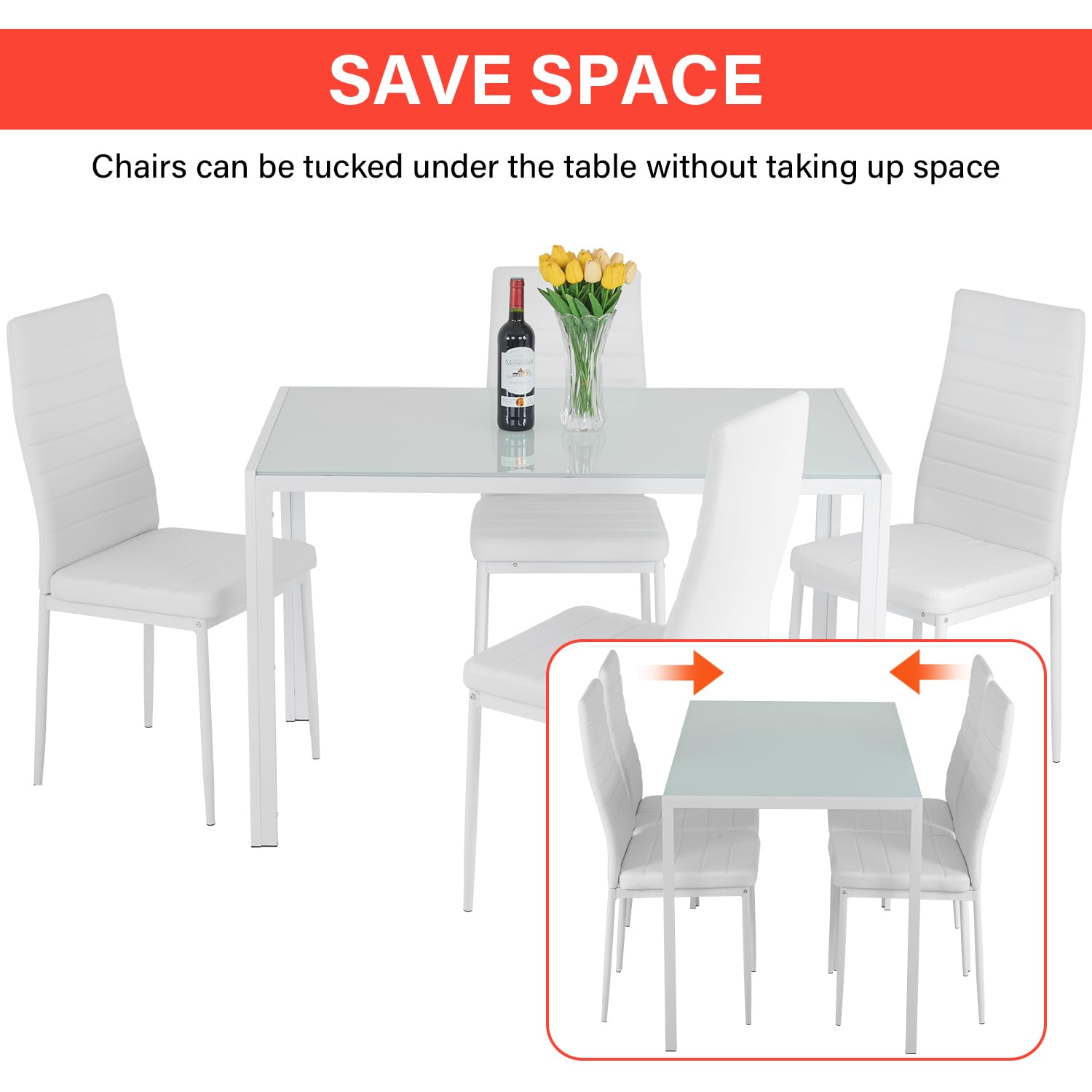 PayLessHere Dining Table Set Glass for Small Spaces Kitchen Table and Chairs for 4 Table with Chairs Home Furniture Rectangular Modern, White Glass