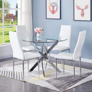 niern round tempered glass dining table set for 4, 5-piece modern kitchen table set with 4 high-back upholstered chairs for kitchen dining room (silver table with white chairs)