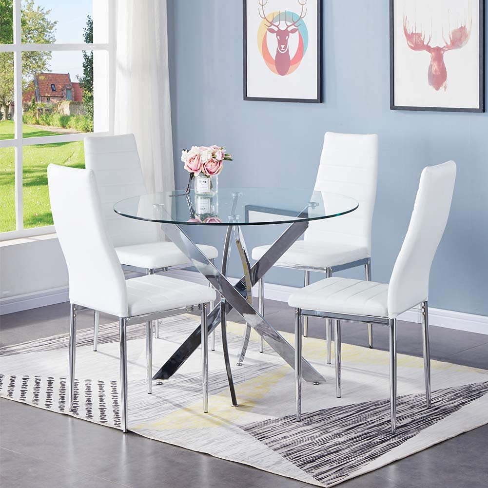 NIERN Round Tempered Glass Dining Table Set for 4, 5-Piece Modern Kitchen Table Set with 4 High-Back Upholstered Chairs for Kitchen Dining Room (Silver Table with White Chairs)