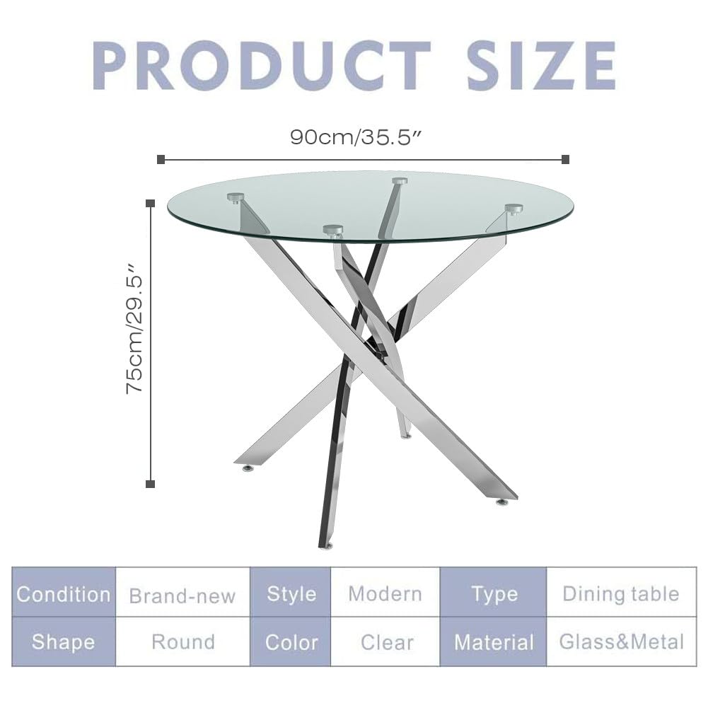 NIERN Round Tempered Glass Dining Table Set for 4, 5-Piece Modern Kitchen Table Set with 4 High-Back Upholstered Chairs for Kitchen Dining Room (Silver Table with White Chairs)