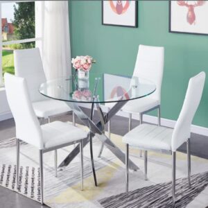 NIERN Round Tempered Glass Dining Table Set for 4, 5-Piece Modern Kitchen Table Set with 4 High-Back Upholstered Chairs for Kitchen Dining Room (Silver Table with White Chairs)