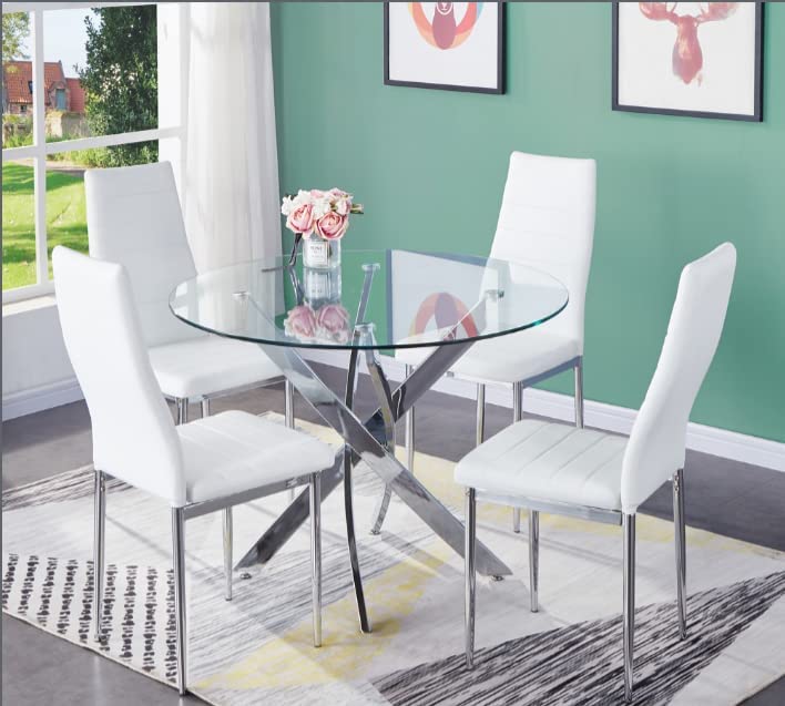 NIERN Round Tempered Glass Dining Table Set for 4, 5-Piece Modern Kitchen Table Set with 4 High-Back Upholstered Chairs for Kitchen Dining Room (Silver Table with White Chairs)