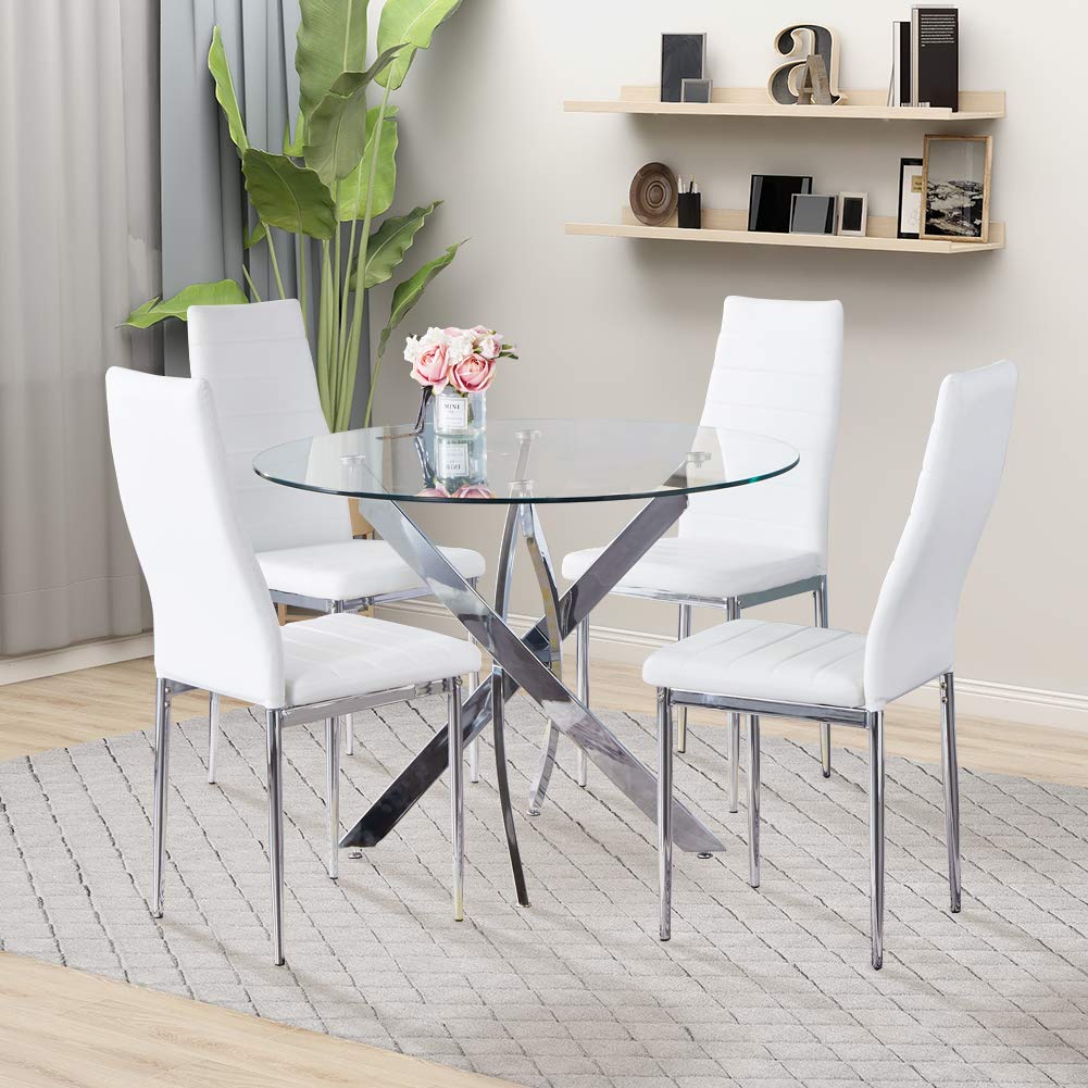 NIERN Round Tempered Glass Dining Table Set for 4, 5-Piece Modern Kitchen Table Set with 4 High-Back Upholstered Chairs for Kitchen Dining Room (Silver Table with White Chairs)