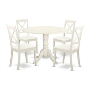 east west furniture dlbo5-lwh-lc 5 piece dining room furniture set includes a round kitchen table with dropleaf and 4 faux leather upholstered dining chairs, 42x42 inch, linen white