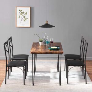 VECELO 5-Piece Set for Home Kitchen Small Space Breakfast Nook, 4 Faux Leather Metal Frame Chairs, Dining Table for 4, Retro Brown