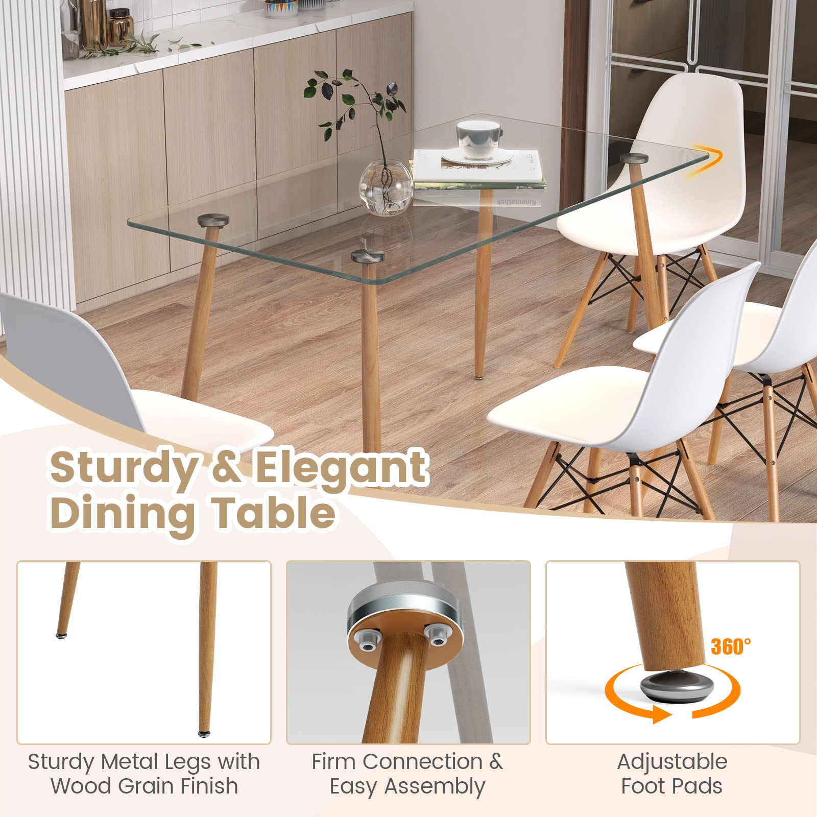 Tangkula Dining Table Set for 4, Modern Kitchen Table and Chairs Set of 4, Glass Dining Room Table Set for Small Living Room, Kitchen