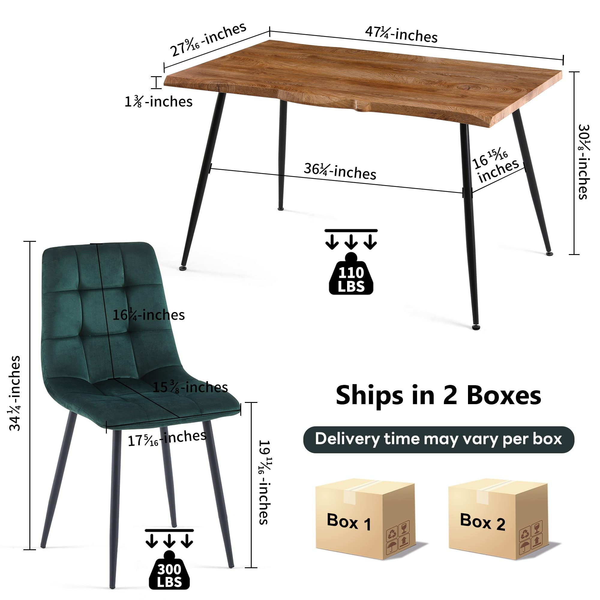 NORDICANA 5-Piece Dining Table Set, 47 in Modern Irregular Rectangle Kitchen Table & 4 Forest Green Velvet Upholstery Side Chairs, Metal Legs, Dining Room Set for 4