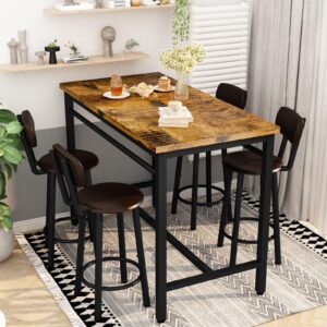 recaceik dining table set for 4 bar kitchen table and chairs for 4, counter height table with 4 pu leather upholstered stool, dinner table breakfast nook table set for small space, rustic brown