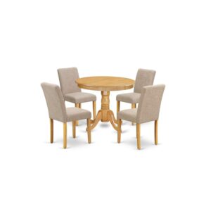 east west furniture anab5-oak-04 antique 5 piece set for 4 includes a round kitchen table with pedestal and 4 light tan linen fabric parson dining chairs, 36x36 inch