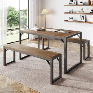 imusee 3pc 47.2" dining table set for 4-6, heavy duty kitchen table with benches, kitchen & dining room table set, space-saving dinette, grey & light brown