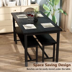 AWQM Dining Table Set with Two Benches, Kitchen Table Set for 4-6 Persons, Kitchen Table of 47.2 x 28.7 x 28.7 Inches, Bench of 41.3 x 11.8 x 17.7 Inches Each, Black