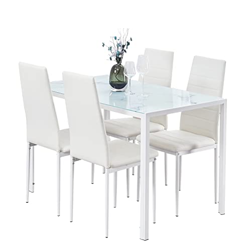 Paonne Marble Glass Dining Table with Chairs Set for Home Kitchen, Modern Dining Table Set for 4, Glass Kitchen Table and Chairs Set, Glass Dining Room Set for 4 for Dinette