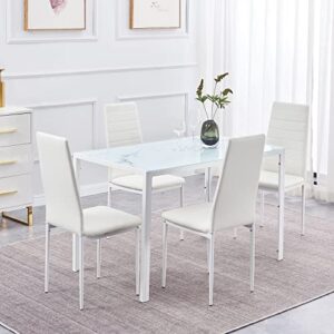 Paonne Marble Glass Dining Table with Chairs Set for Home Kitchen, Modern Dining Table Set for 4, Glass Kitchen Table and Chairs Set, Glass Dining Room Set for 4 for Dinette