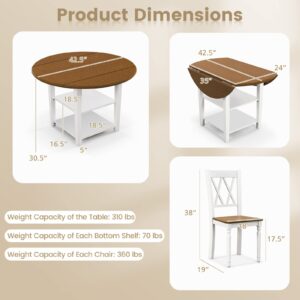 Giantex Dining Table Set for 4 w/Drop Leaf Round Kitchen Table & 4 Chairs, Dining Room Table w/Storage, Farmhouse Solid Wood Dinner Table Set for Kitchen, Living Room, Apartment, Space-Saving Design