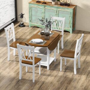 Giantex Dining Table Set for 4 w/Drop Leaf Round Kitchen Table & 4 Chairs, Dining Room Table w/Storage, Farmhouse Solid Wood Dinner Table Set for Kitchen, Living Room, Apartment, Space-Saving Design