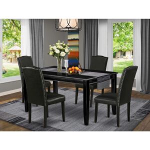 east west furniture duen5-blk-69 dudley 5 piece room set includes a rectangle kitchen table and 4 black faux leather parsons dining chairs, 36x60 inch