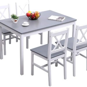 SogesPower 4-Person Dining Table Set 5 Pieces, Wood Kitchen Table Set with 4 Chairs for Kitchen Dining Room Restaurant, Grey and White