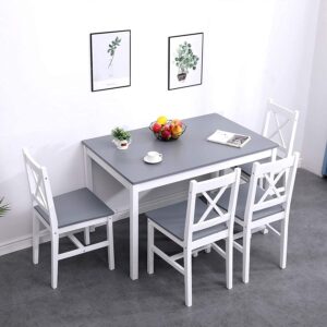 SogesPower 4-Person Dining Table Set 5 Pieces, Wood Kitchen Table Set with 4 Chairs for Kitchen Dining Room Restaurant, Grey and White