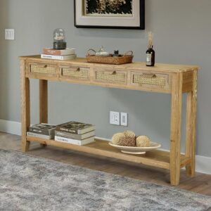 Wnutrees Farmhouse Console Table with 4 Rattan Drawers, 60" Long Narrow Boho Foyer Sofa Tables with Open Storage Shelves for Entryway,Hallway,Living Room, Natural