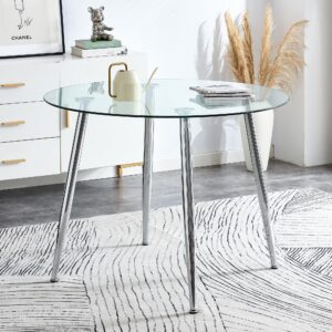 Deolme Modern Dining Table Set, Round Glass Table and 4 Clear Acrylic Chairs, Sturdy Chrome Legs, Easy to Clean, for Kitchen and Living Room