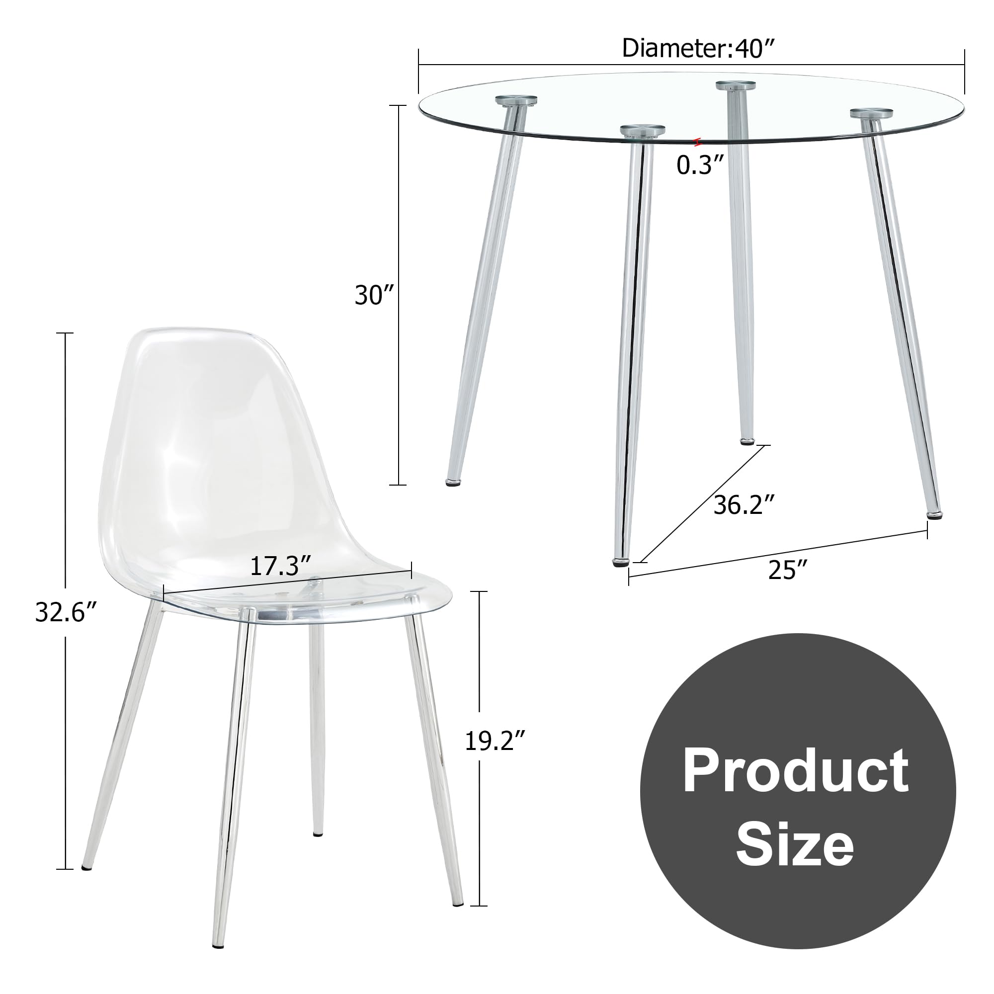 Deolme Modern Dining Table Set, Round Glass Table and 4 Clear Acrylic Chairs, Sturdy Chrome Legs, Easy to Clean, for Kitchen and Living Room