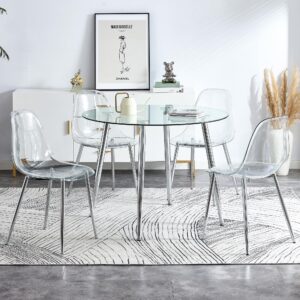 Deolme Modern Dining Table Set, Round Glass Table and 4 Clear Acrylic Chairs, Sturdy Chrome Legs, Easy to Clean, for Kitchen and Living Room