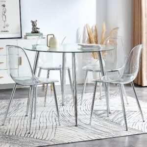 Deolme Modern Dining Table Set, Round Glass Table and 4 Clear Acrylic Chairs, Sturdy Chrome Legs, Easy to Clean, for Kitchen and Living Room