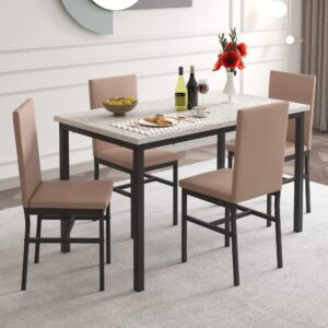 yofe dining table set for 4, kitchen table with 4 chairs,faux marble tabletop & 4 leather upholstered chairs for dining room,kitchen, dinette, breakfast nook (pink+white)