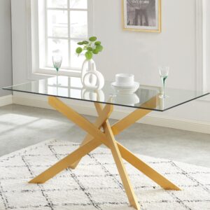 edwin's choice 58.5” rectangle glass dining table, tempered glass table top and metal tubular legs, modern style table for home, kitchen, dining room 58.5”lx29”wx30”h, gold (table only)