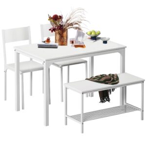 sogesfurniture 4 piece dining table set, dinette set kitchen table with bench and chairs, kitchen dinner table with benches for 4, includes table, 2 chairs & bench,white