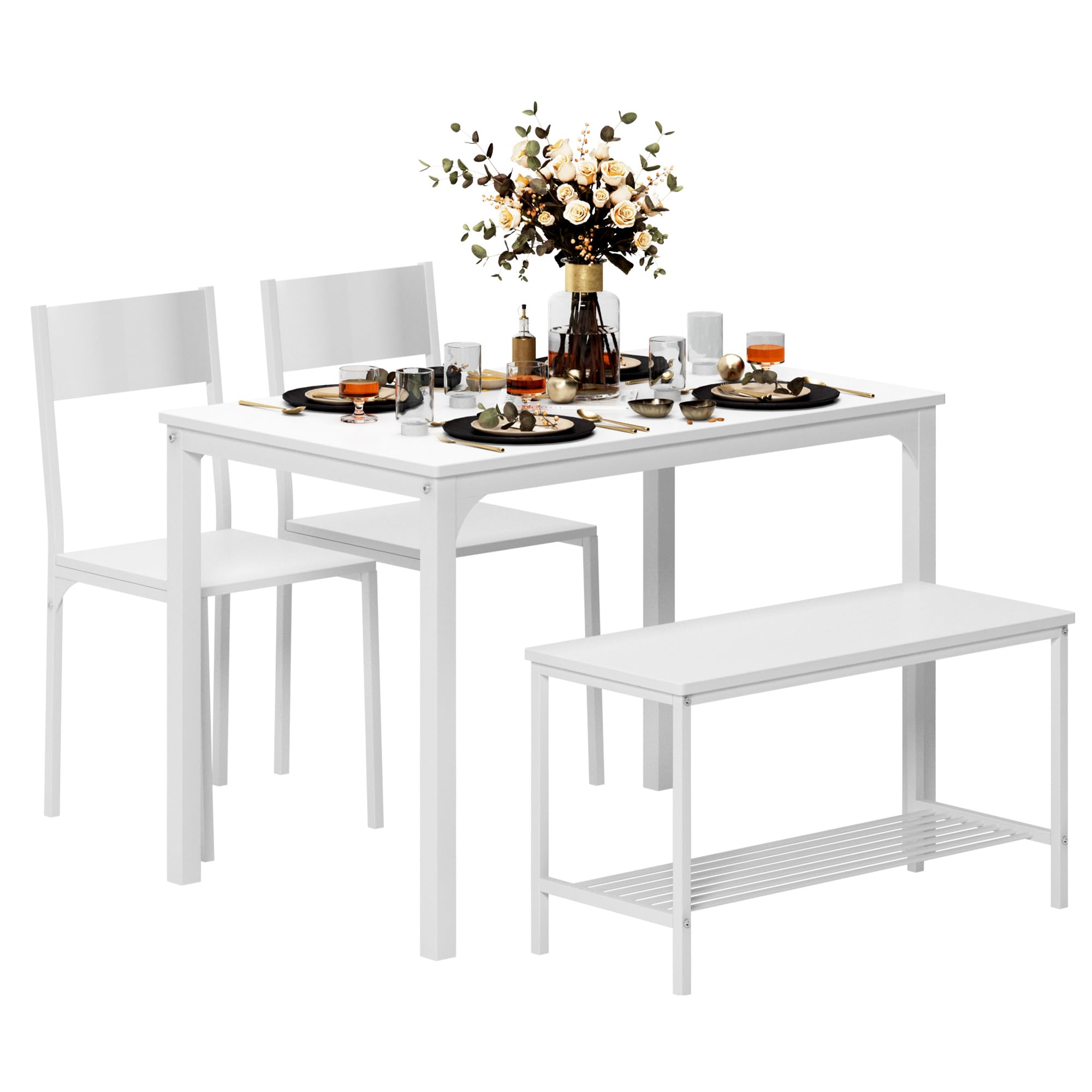 sogesfurniture 4 Piece Dining Table Set, Dinette Set Kitchen Table with Bench and Chairs, Kitchen Dinner Table with Benches for 4, Includes Table, 2 Chairs & Bench,White