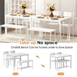 sogesfurniture 4 Piece Dining Table Set, Dinette Set Kitchen Table with Bench and Chairs, Kitchen Dinner Table with Benches for 4, Includes Table, 2 Chairs & Bench,White