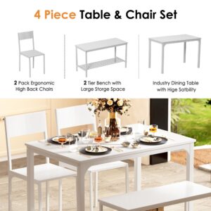 sogesfurniture 4 Piece Dining Table Set, Dinette Set Kitchen Table with Bench and Chairs, Kitchen Dinner Table with Benches for 4, Includes Table, 2 Chairs & Bench,White