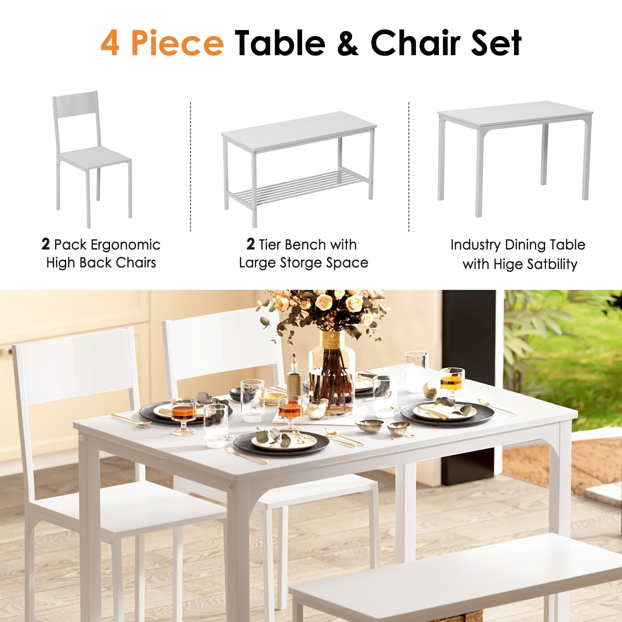 sogesfurniture 4 Piece Dining Table Set, Dinette Set Kitchen Table with Bench and Chairs, Kitchen Dinner Table with Benches for 4, Includes Table, 2 Chairs & Bench,White