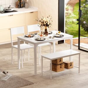 sogesfurniture 4 Piece Dining Table Set, Dinette Set Kitchen Table with Bench and Chairs, Kitchen Dinner Table with Benches for 4, Includes Table, 2 Chairs & Bench,White