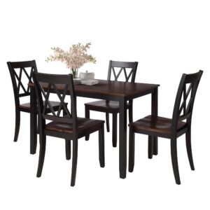 merax 5-piece wooden dining room set, rectangular wood kitchen table and 4 chairs, cherry+ black