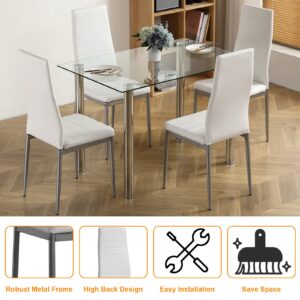 HomVent Dining Table Set for 4, Small Tempered Glass Dining Room Table Set, Kitchen Table and Chairs for Small Spaces, Transparent,White Modern 110cm, Stainless Steel PU Leather