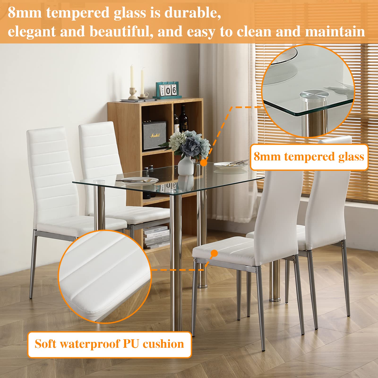 HomVent Dining Table Set for 4, Small Tempered Glass Dining Room Table Set, Kitchen Table and Chairs for Small Spaces, Transparent,White Modern 110cm, Stainless Steel PU Leather