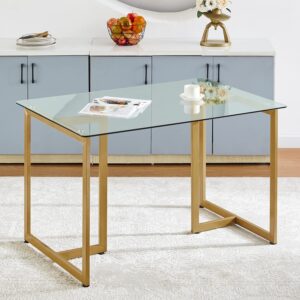 glass dining table for 4 to 6 people, 47.2 inches modern rectangular dinner table with clear tempered glass top & golden steel legs for home office kitchen dining room