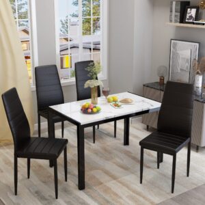 AWQM Faux Marble Dining Table Set for 4,Kitchen Table and Chairs,5 Piece Dining Room Table Set,Rectangular Table and 4 PU Leather Chairs for Living Room,Small Space,Breakfast Nook,White&Black