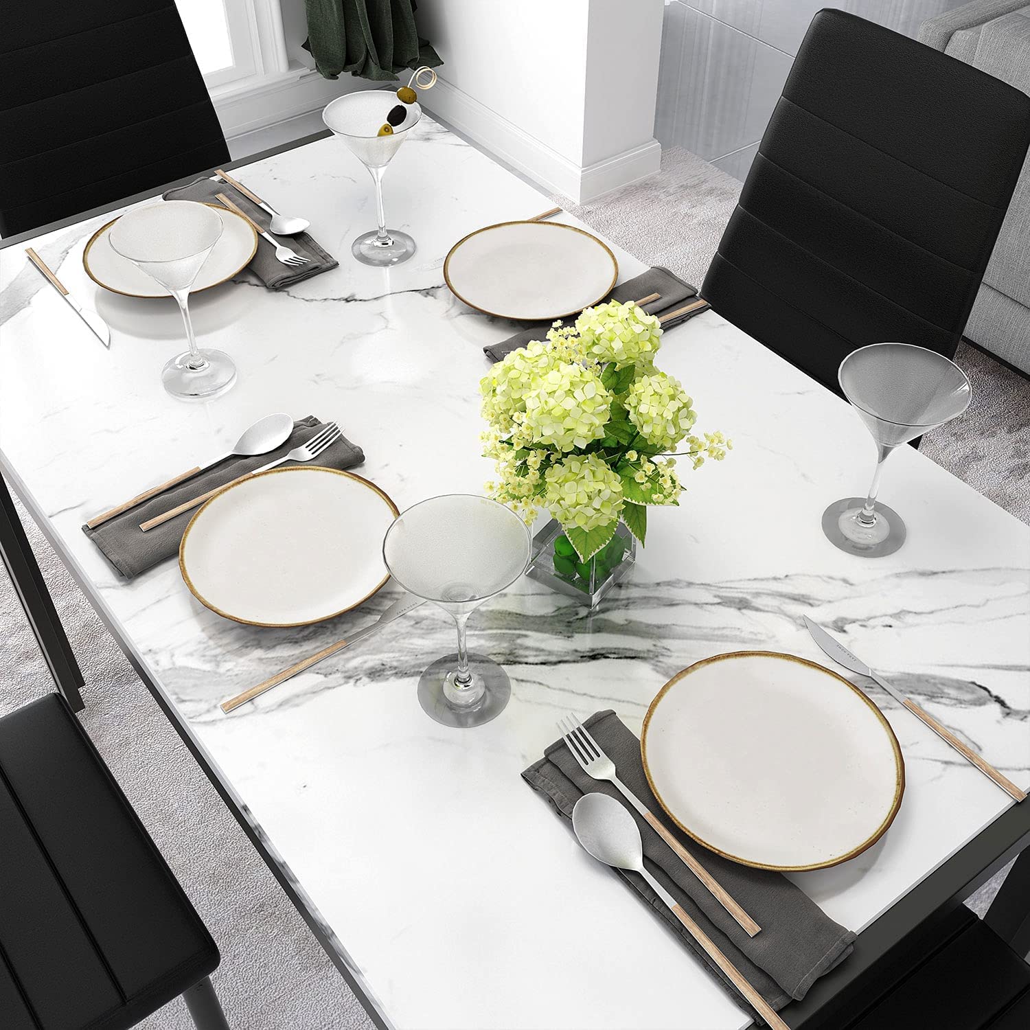 AWQM Faux Marble Dining Table Set for 4,Kitchen Table and Chairs,5 Piece Dining Room Table Set,Rectangular Table and 4 PU Leather Chairs for Living Room,Small Space,Breakfast Nook,White&Black