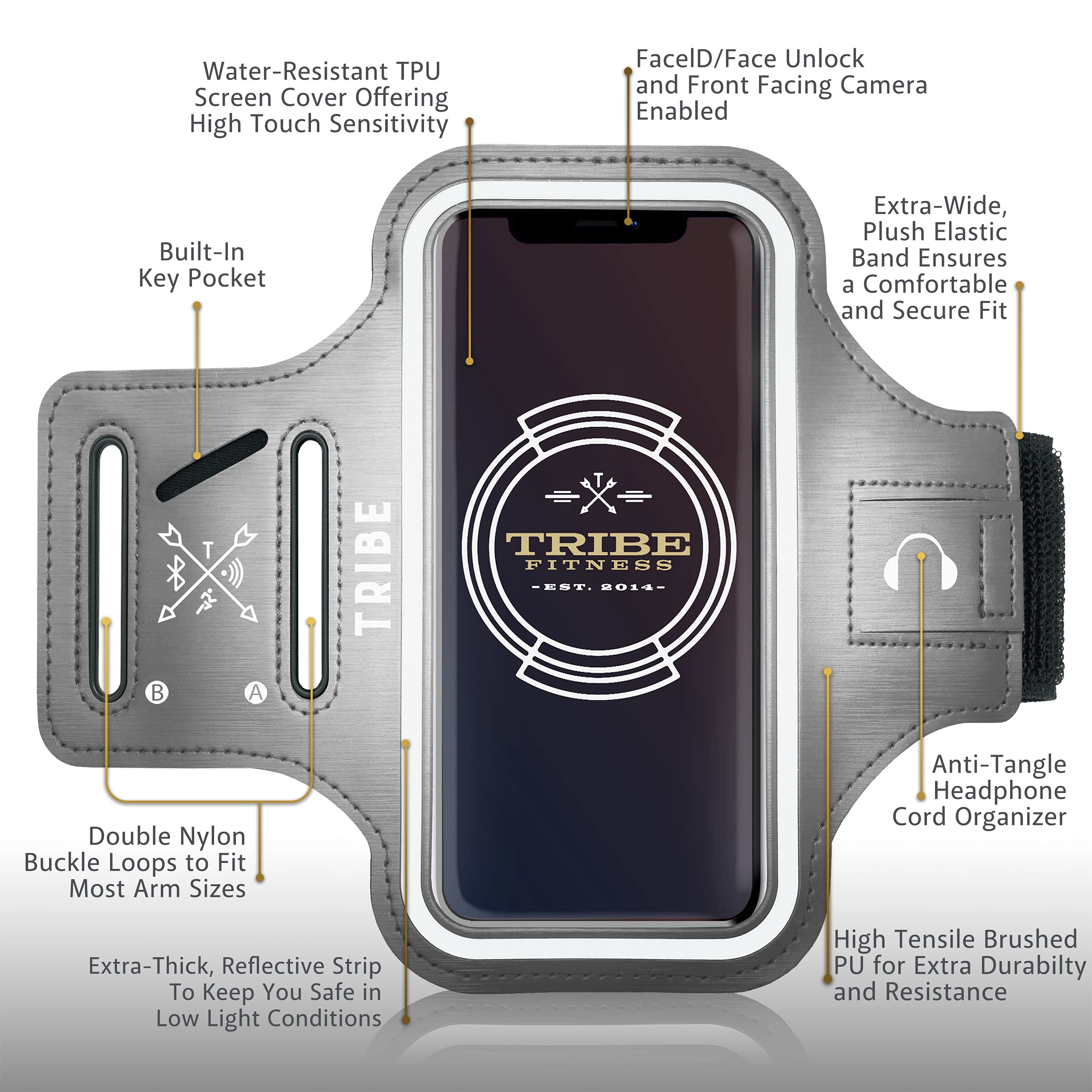 TRIBE Water Resistant Cell Phone Armband Case Running Holder for iPhone Pro Max Plus Mini SE (13/12/11/X/XS/XR/8/7/6/5) Galaxy S Ultra Plus Edge Note (21/20/10/9/8/7/6/5) Adjustable Strap & Key Pocket