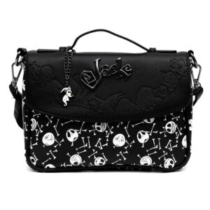 disney bag, fold over crossbody, nightmare before christmas jack faces and bones black white, vegan leather