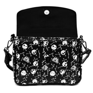 Disney Bag, Fold Over Crossbody, Nightmare Before Christmas Jack Faces and Bones Black White, Vegan Leather