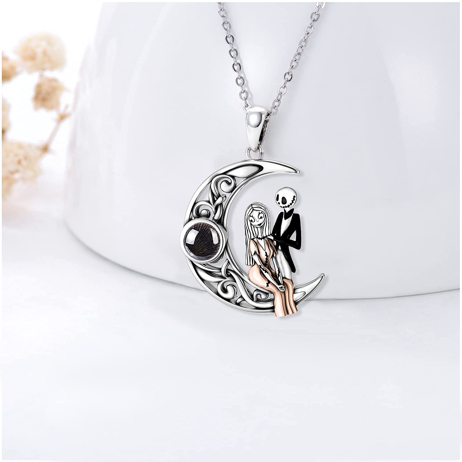 ONEFINITY Jack And Sally Jewelry Nightmare Sterling Silver 100 Languages I Love You Pendant Necklace Moon Before Christmas Birthday Gifts for Women