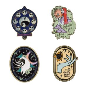 disney enamel pin set, nightmare before christmas themed jewelry, pack of 4 pieces, 1.75”, limited edition collectors pins with zero, jack and sally, sally, deadly nightshade icon, amazon exclusive