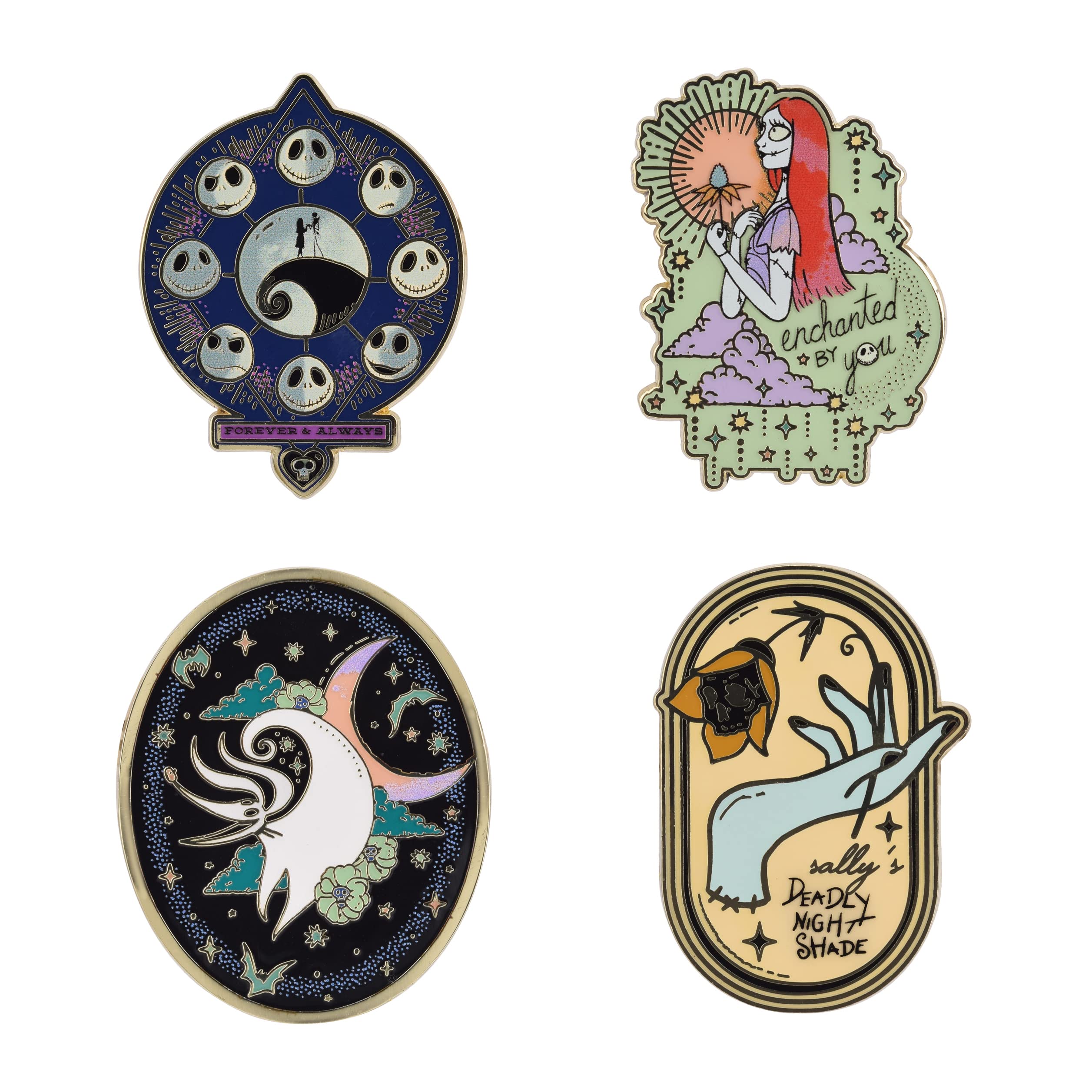 Disney Enamel Pin Set, Nightmare Before Christmas Themed Jewelry, Pack of 4 Pieces, 1.75”, Limited Edition Collectors Pins with Zero, Jack and Sally, Sally, Deadly Nightshade Icon, Amazon Exclusive